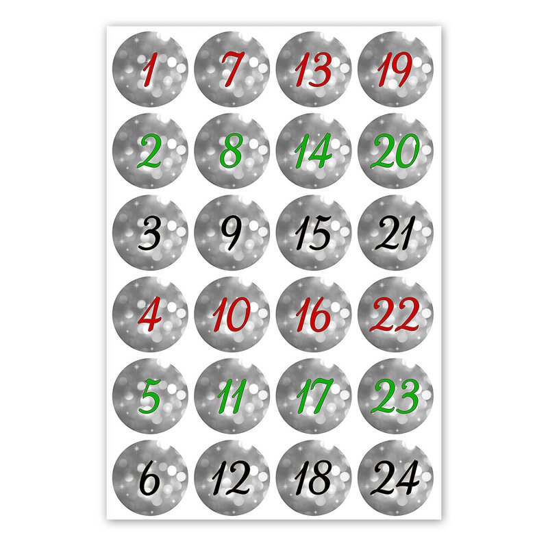 younikat 24 Adventskalender-Zahlen-Aufkleber, grau Silber I rund Ø 4 ...